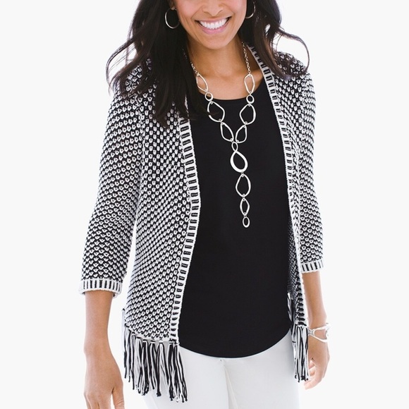 Chico's | Sweaters | Chicos Bicolor Fringe Textured Cardigan Open Knit ...